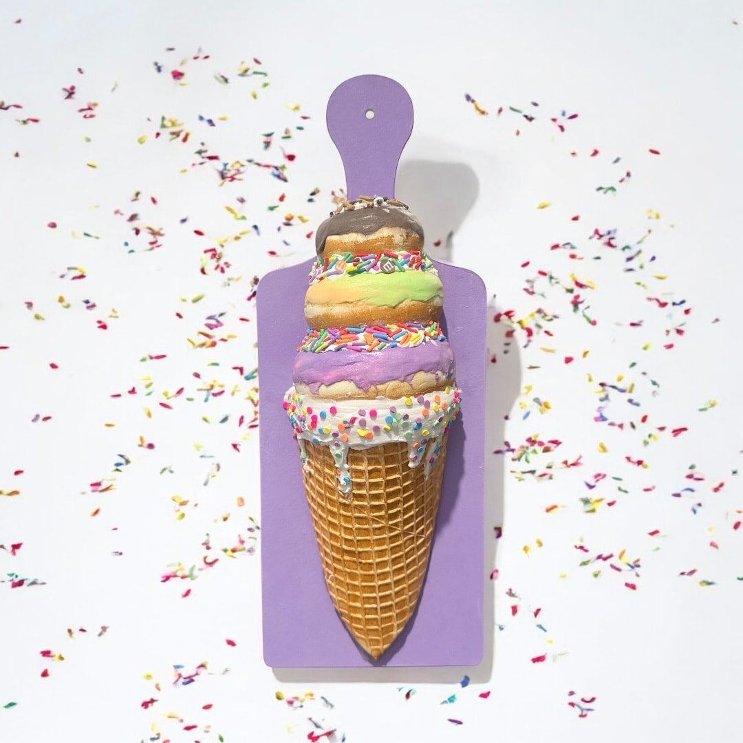 Faux Half Ice Cream Cone Topped with Three Half Donuts attached to ...